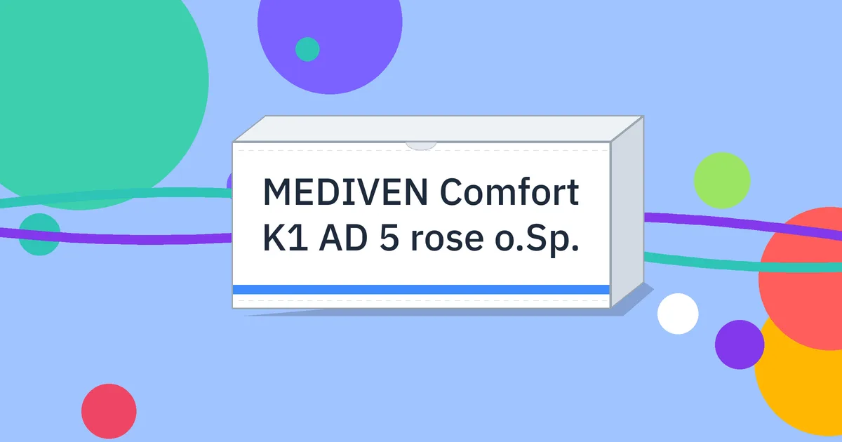 Symbolbild: Packung mit der Aufschrift MEDIVEN Comfort K1 AD 5 rose o.Sp. (PZN 14558869) – Verfügbarkeit und Bezug in Apotheken in Frankfurt am Main