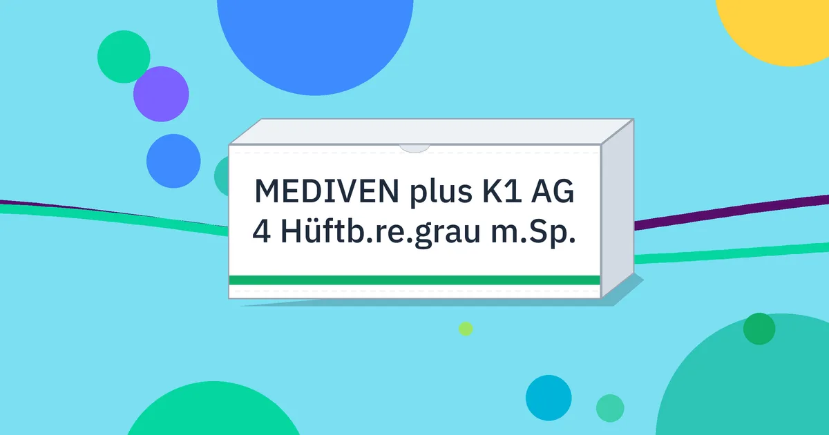 Symbolbild: Packung mit der Aufschrift MEDIVEN plus K1 AG 4 Hüftb.re.grau m.Sp. (PZN 18938959) – Verfügbarkeit und Bezug in Apotheken in Frankfurt am Main