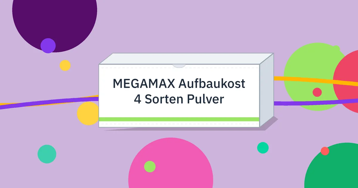 Symbolbild: Packung mit der Aufschrift MEGAMAX Aufbaukost 4 Sorten Pulver (PZN 13923048) – Verfügbarkeit und Bezug in Apotheken in Frankfurt am Main