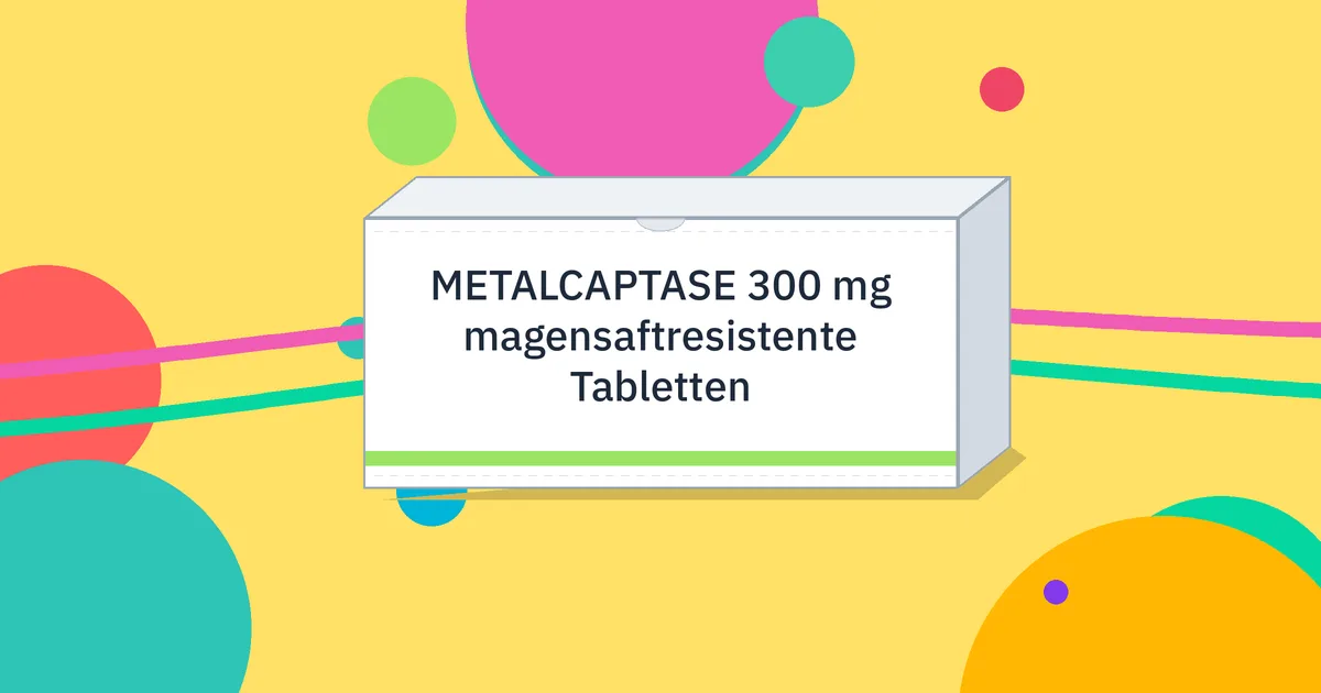 Symbolbild: Packung mit der Aufschrift METALCAPTASE 300 mg magensaftresistente Tabletten (PZN 06057219) – Verfügbarkeit und Bezug in Apotheken in Frankfurt am Main
