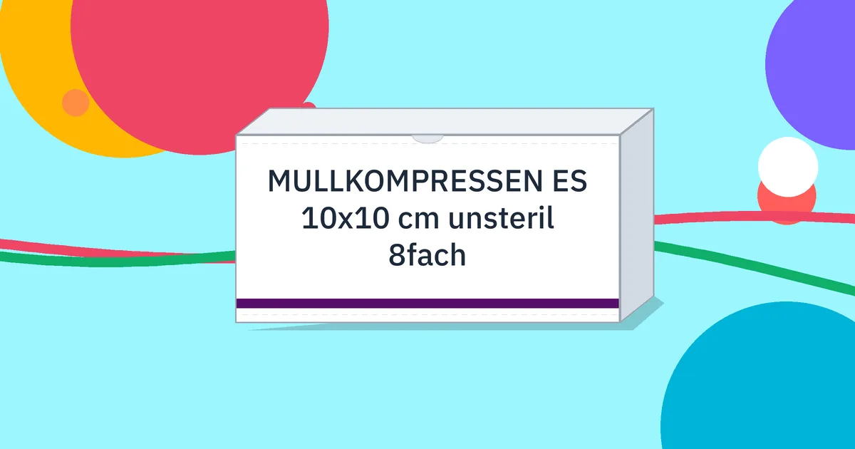 Symbolbild: Packung mit der Aufschrift MULLKOMPRESSEN ES 10x10 cm unsteril 8fach (PZN 07329045) – Verfügbarkeit und Bezug in Apotheken in Frankfurt am Main