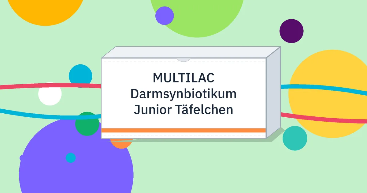 Symbolbild: Packung mit der Aufschrift MULTILAC Darmsynbiotikum Junior Täfelchen (PZN 19063061) – Verfügbarkeit und Bezug in Apotheken in Frankfurt am Main