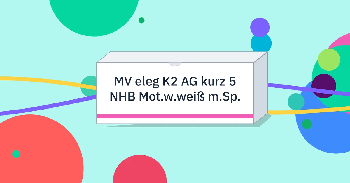 Symbolbild: Packung mit der Aufschrift MV eleg K2 AG kurz 5 NHB Mot.w.weiß m.Sp. (PZN 15713906) – Verfügbarkeit und Bezug in Apotheken in Frankfurt am Main