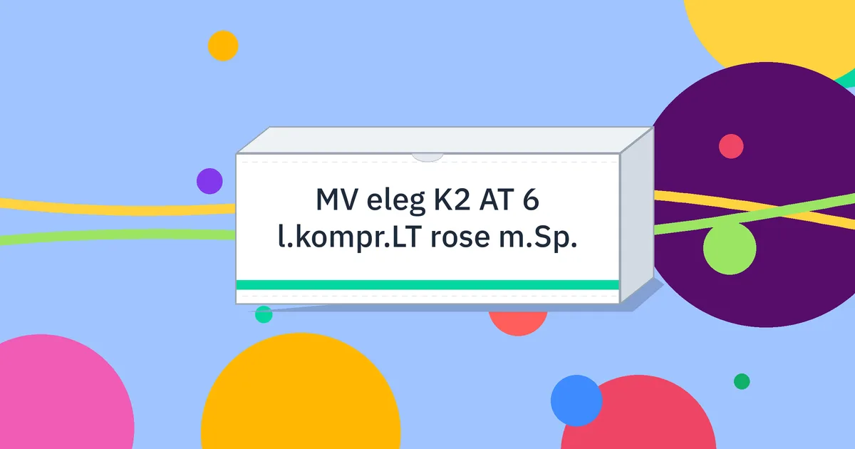 Symbolbild: Packung mit der Aufschrift MV eleg K2 AT 6 l.kompr.LT rose m.Sp. (PZN 15286189) – Verfügbarkeit und Bezug in Apotheken in Frankfurt am Main