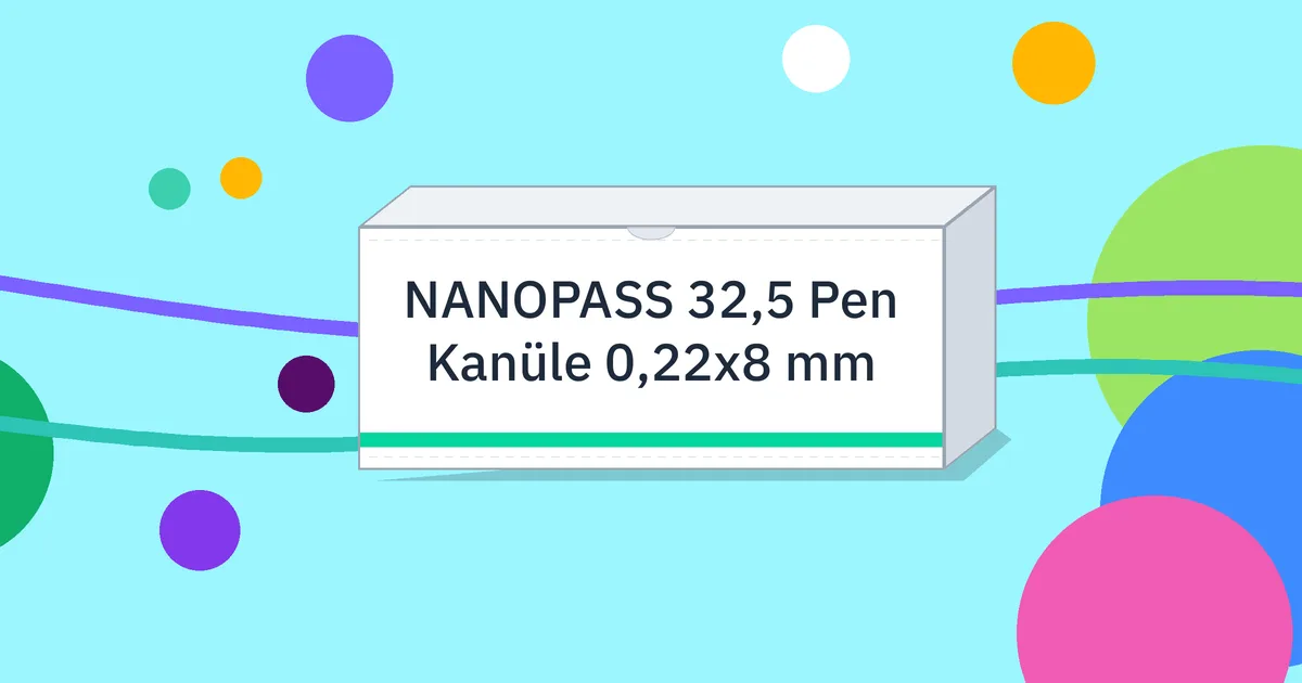 Symbolbild: Packung mit der Aufschrift NANOPASS 32,5 Pen Kanüle 0,22x8 mm (PZN 19300880) – Verfügbarkeit und Bezug in Apotheken in Frankfurt am Main