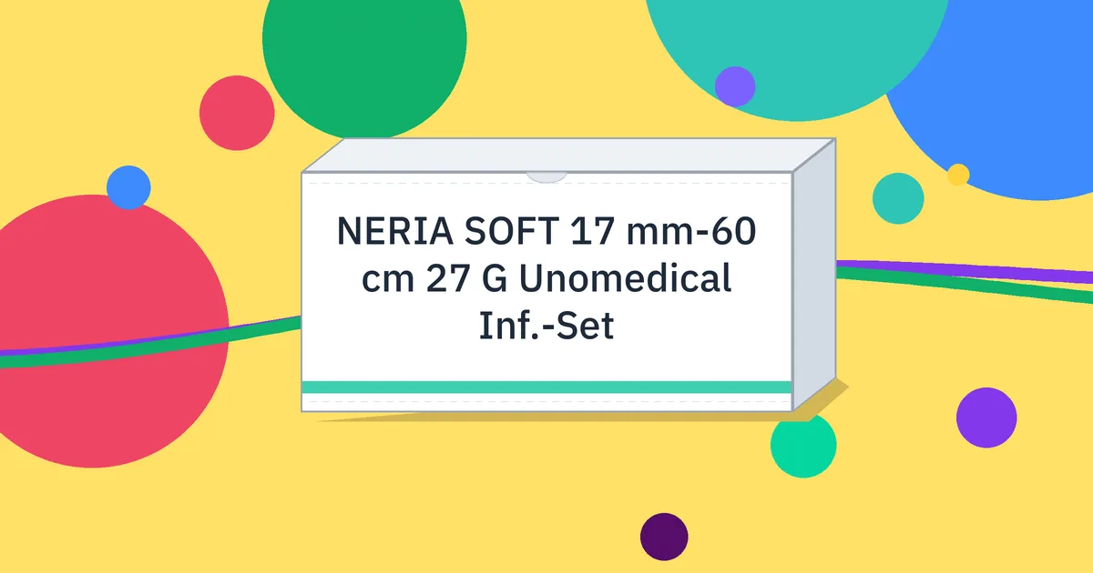 Symbolbild: Packung mit der Aufschrift NERIA SOFT 17 mm-60 cm 27 G Unomedical Inf.-Set (PZN 18673171) – Verfügbarkeit und Bezug in Apotheken in Frankfurt am Main