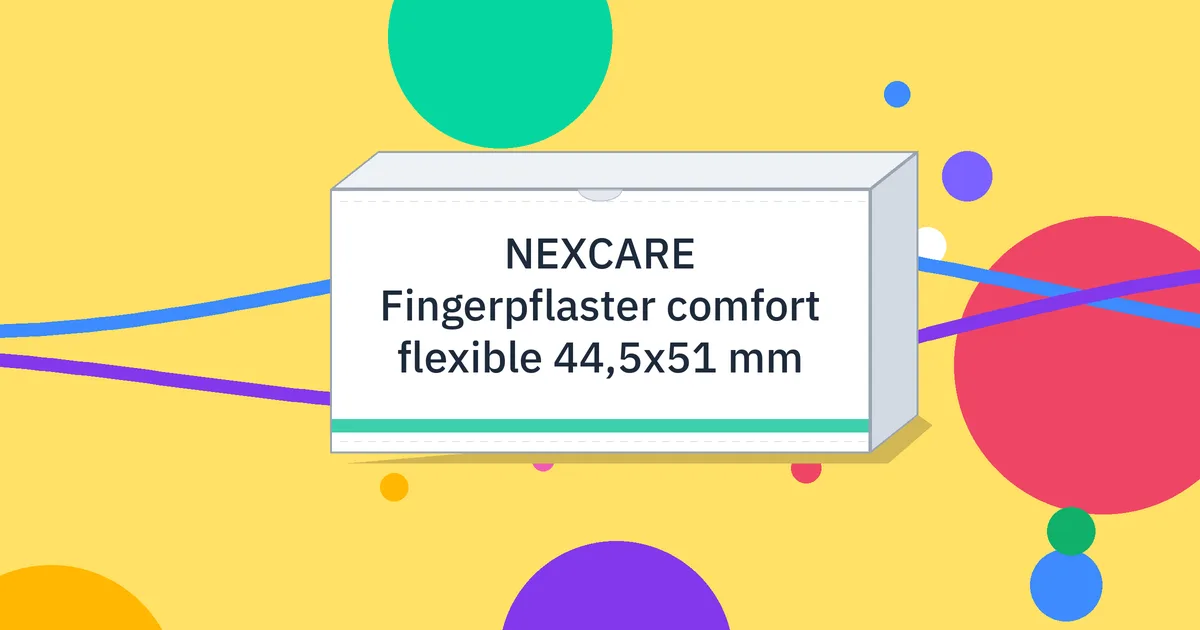 Symbolbild: Packung mit der Aufschrift NEXCARE Fingerpflaster comfort flexible 44,5x51 mm (PZN 16261926) – Verfügbarkeit und Bezug in Apotheken in Frankfurt am Main