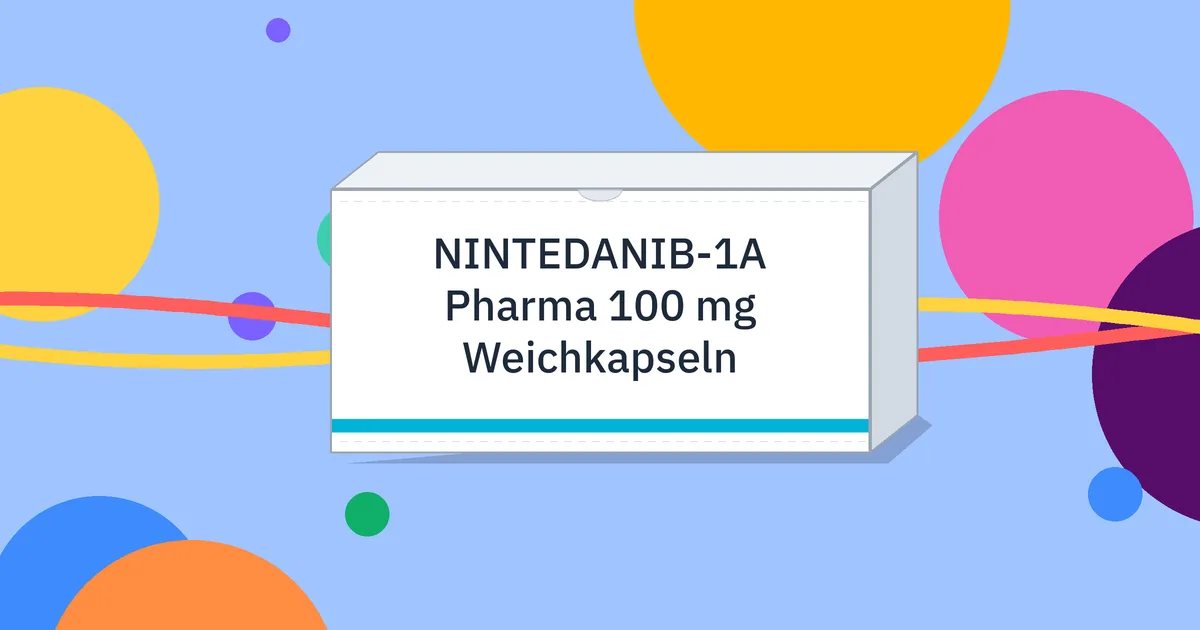 Symbolbild: Packung mit der Aufschrift NINTEDANIB-1A Pharma 100 mg Weichkapseln (PZN 19719998) – Verfügbarkeit und Bezug in Apotheken in Frankfurt am Main