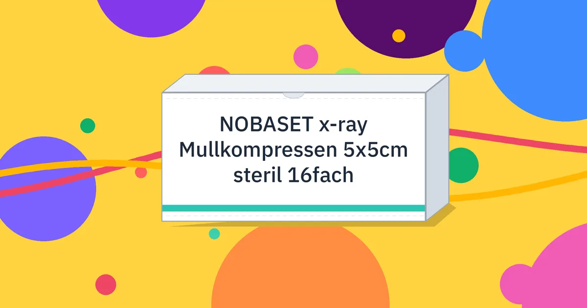 Symbolbild: Packung mit der Aufschrift NOBASET x-ray Mullkompressen 5x5cm steril 16fach (PZN 18365127) – Verfügbarkeit und Bezug in Apotheken in Frankfurt am Main