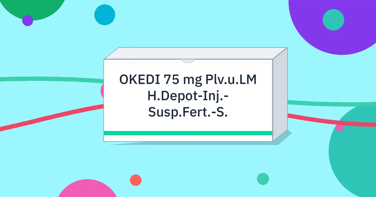 Symbolbild: Packung mit der Aufschrift OKEDI 75 mg Plv.u.LM H.Depot-Inj.-Susp.Fert.-S. (PZN 19645515) – Verfügbarkeit und Bezug in Apotheken in Frankfurt am Main