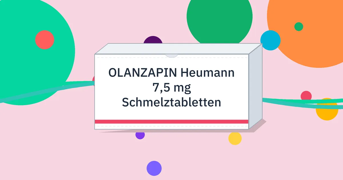 Symbolbild: Packung mit der Aufschrift OLANZAPIN Heumann 7,5 mg Schmelztabletten (PZN 09099997) – Verfügbarkeit und Bezug in Apotheken in Frankfurt am Main
