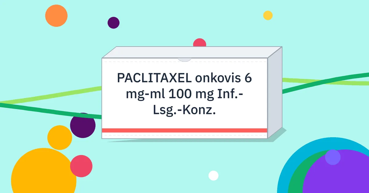 Symbolbild: Packung mit der Aufschrift PACLITAXEL onkovis 6 mg-ml 100 mg Inf.-Lsg.-Konz. (PZN 05104810) – Verfügbarkeit und Bezug in Apotheken in Frankfurt am Main