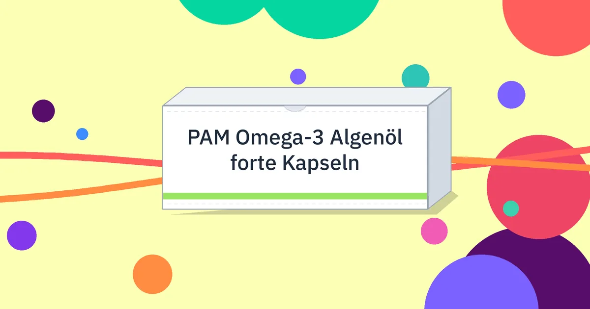Symbolbild: Packung mit der Aufschrift PAM Omega-3 Algenöl forte Kapseln (PZN 20280102) – Verfügbarkeit und Bezug in Apotheken in Frankfurt am Main