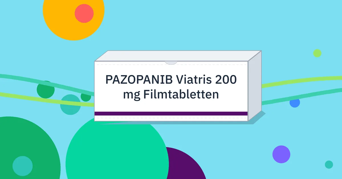 Symbolbild: Packung mit der Aufschrift PAZOPANIB Viatris 200 mg Filmtabletten (PZN 19877639) – Verfügbarkeit und Bezug in Apotheken in Frankfurt am Main
