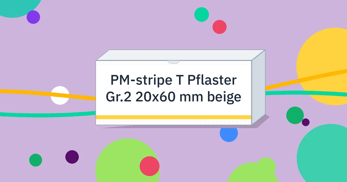 Symbolbild: Packung mit der Aufschrift PM-stripe T Pflaster Gr.2 20x60 mm beige (PZN 18844678) – Verfügbarkeit und Bezug in Apotheken in Frankfurt am Main