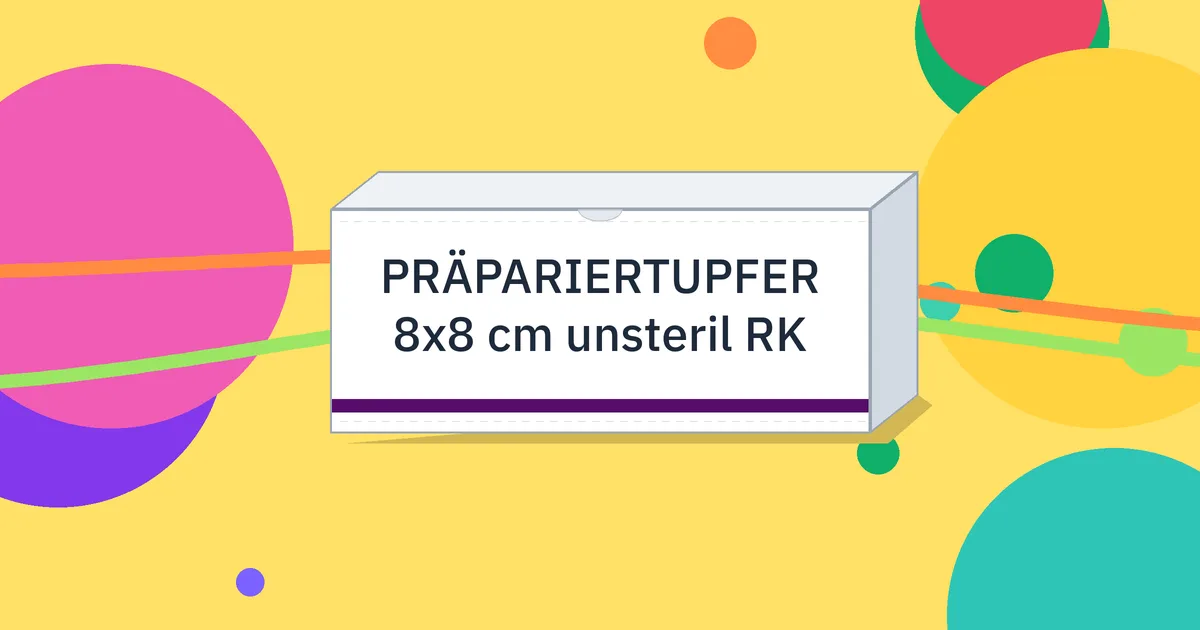 Symbolbild: Packung mit der Aufschrift PRÄPARIERTUPFER 8x8 cm unsteril RK (PZN 01363822) – Verfügbarkeit und Bezug in Apotheken in Frankfurt am Main