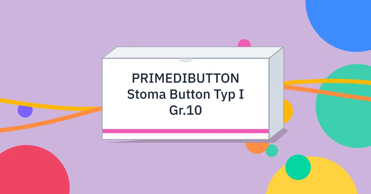 Symbolbild: Packung mit der Aufschrift PRIMEDIBUTTON Stoma Button Typ I Gr.10 (PZN 10791209) – Verfügbarkeit und Bezug in Apotheken in Frankfurt am Main
