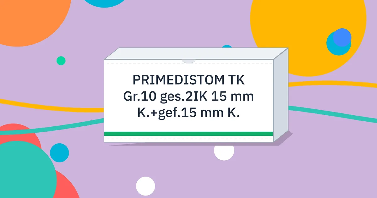Symbolbild: Packung mit der Aufschrift PRIMEDISTOM TK Gr.10 ges.2IK 15 mm K.+gef.15 mm K. (PZN 10230008) – Verfügbarkeit und Bezug in Apotheken in Frankfurt am Main