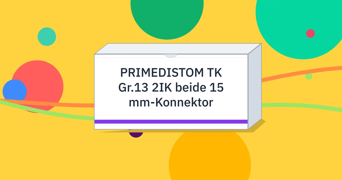 Symbolbild: Packung mit der Aufschrift PRIMEDISTOM TK Gr.13 2IK beide 15 mm-Konnektor (PZN 10209741) – Verfügbarkeit und Bezug in Apotheken in Frankfurt am Main