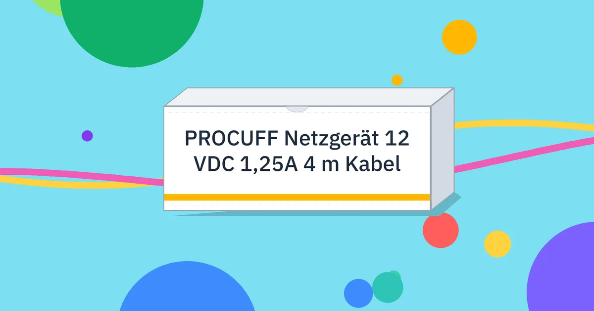 Symbolbild: Packung mit der Aufschrift PROCUFF Netzgerät 12 VDC 1,25A 4 m Kabel (PZN 16333318) – Verfügbarkeit und Bezug in Apotheken in Frankfurt am Main