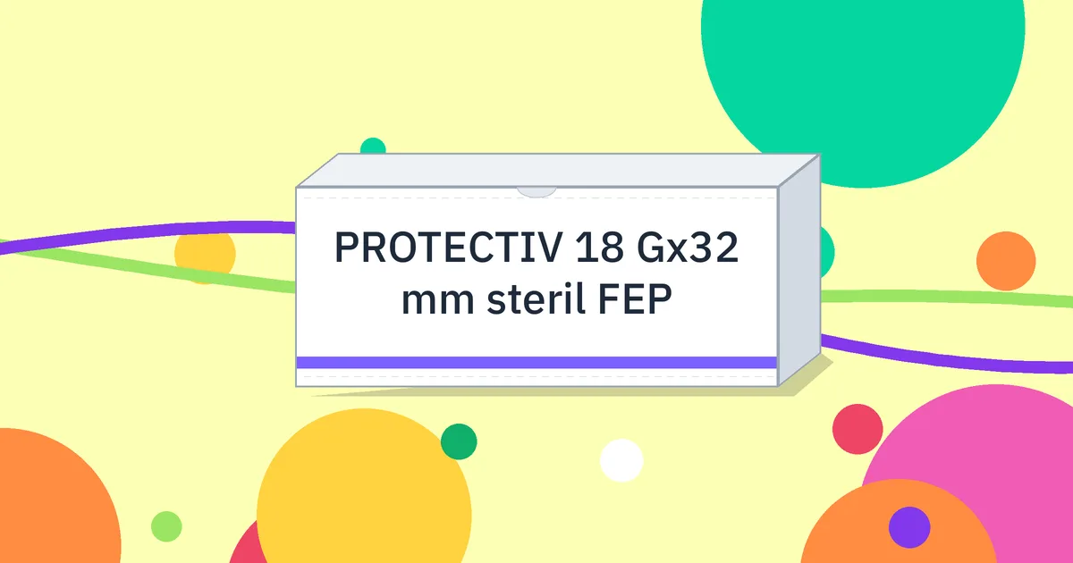 Symbolbild: Packung mit der Aufschrift PROTECTIV 18 Gx32 mm steril FEP (PZN 06447127) – Verfügbarkeit und Bezug in Apotheken in Frankfurt am Main