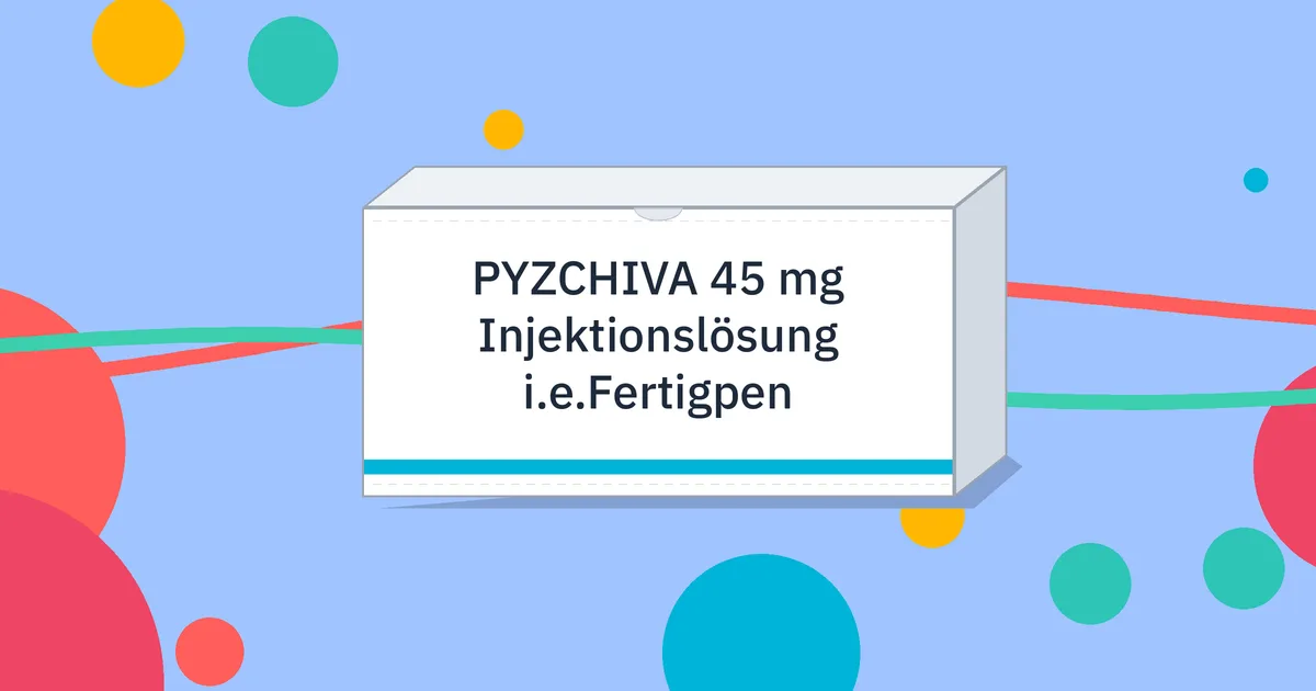 Symbolbild: Packung mit der Aufschrift PYZCHIVA 45 mg Injektionslösung i.e.Fertigpen (PZN 20298898) – Verfügbarkeit und Bezug in Apotheken in Frankfurt am Main