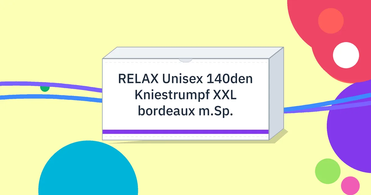 Symbolbild: Packung mit der Aufschrift RELAX Unisex 140den Kniestrumpf XXL bordeaux m.Sp. (PZN 16189778) – Verfügbarkeit und Bezug in Apotheken in Frankfurt am Main