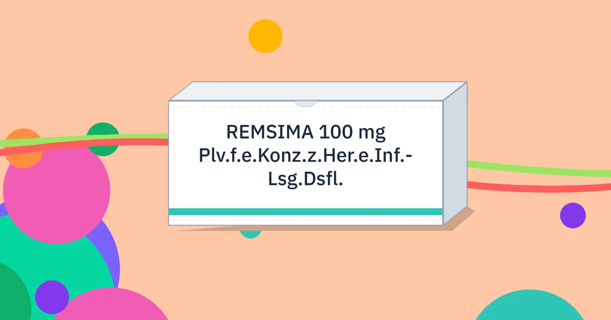 Symbolbild: Packung mit der Aufschrift REMSIMA 100 mg Plv.f.e.Konz.z.Her.e.Inf.-Lsg.Dsfl. (PZN 20418233) – Verfügbarkeit und Bezug in Apotheken in Frankfurt am Main