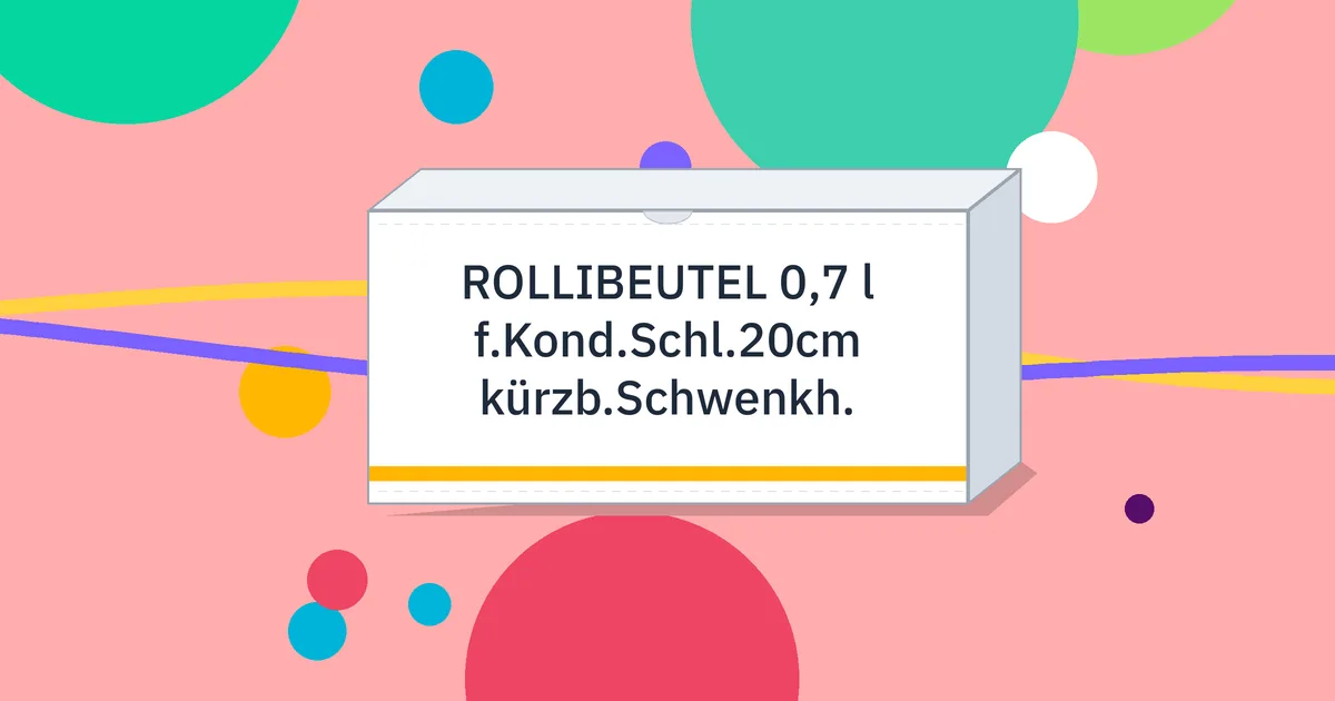 Symbolbild: Packung mit der Aufschrift ROLLIBEUTEL 0,7 l f.Kond.Schl.20cm kürzb.Schwenkh. (PZN 06094918) – Verfügbarkeit und Bezug in Apotheken in Frankfurt am Main