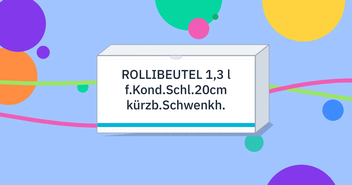Symbolbild: Packung mit der Aufschrift ROLLIBEUTEL 1,3 l f.Kond.Schl.20cm kürzb.Schwenkh. (PZN 00571116) – Verfügbarkeit und Bezug in Apotheken in Frankfurt am Main