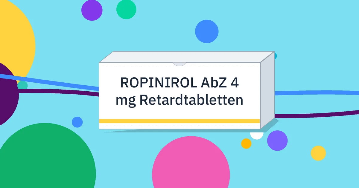 Symbolbild: Packung mit der Aufschrift ROPINIROL AbZ 4 mg Retardtabletten (PZN 08814699) – Verfügbarkeit und Bezug in Apotheken in Frankfurt am Main