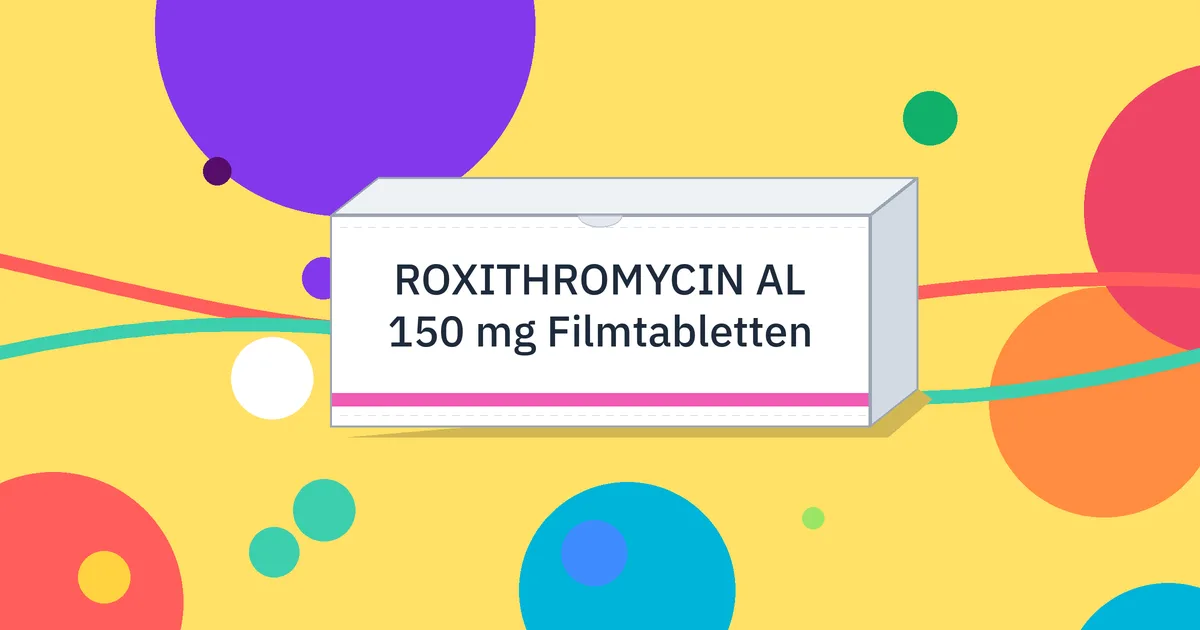Symbolbild: Packung mit der Aufschrift ROXITHROMYCIN AL 150 mg Filmtabletten (PZN 01867876) – Verfügbarkeit und Bezug in Apotheken in Frankfurt am Main