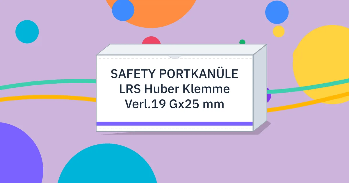 Symbolbild: Packung mit der Aufschrift SAFETY PORTKANÜLE LRS Huber Klemme Verl.19 Gx25 mm (PZN 16661896) – Verfügbarkeit und Bezug in Apotheken in Frankfurt am Main
