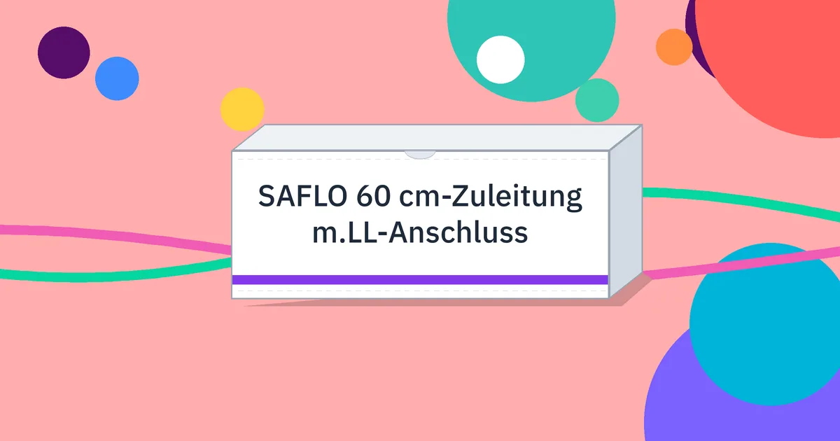 Symbolbild: Packung mit der Aufschrift SAFLO 60 cm-Zuleitung m.LL-Anschluss (PZN 13346154) – Verfügbarkeit und Bezug in Apotheken in Frankfurt am Main