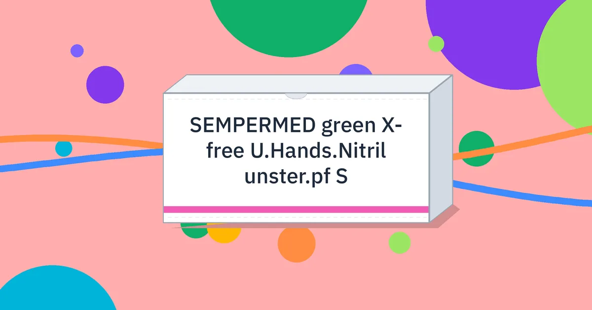 Symbolbild: Packung mit der Aufschrift SEMPERMED green X-free U.Hands.Nitril unster.pf S (PZN 19961498) – Verfügbarkeit und Bezug in Apotheken in Frankfurt am Main