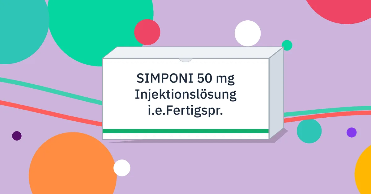 Symbolbild: Packung mit der Aufschrift SIMPONI 50 mg Injektionslösung i.e.Fertigspr. (PZN 16875545) – Verfügbarkeit und Bezug in Apotheken in Frankfurt am Main