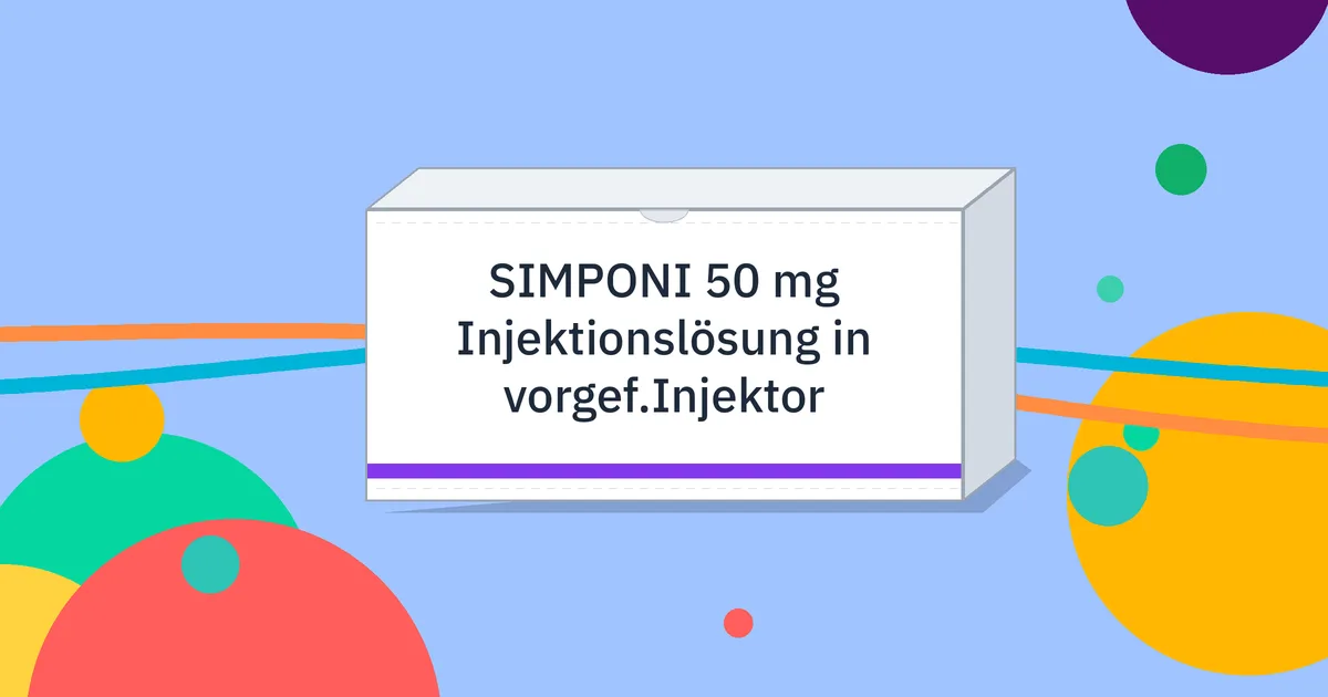 Symbolbild: Packung mit der Aufschrift SIMPONI 50 mg Injektionslösung in vorgef.Injektor (PZN 03297905) – Verfügbarkeit und Bezug in Apotheken in Frankfurt am Main