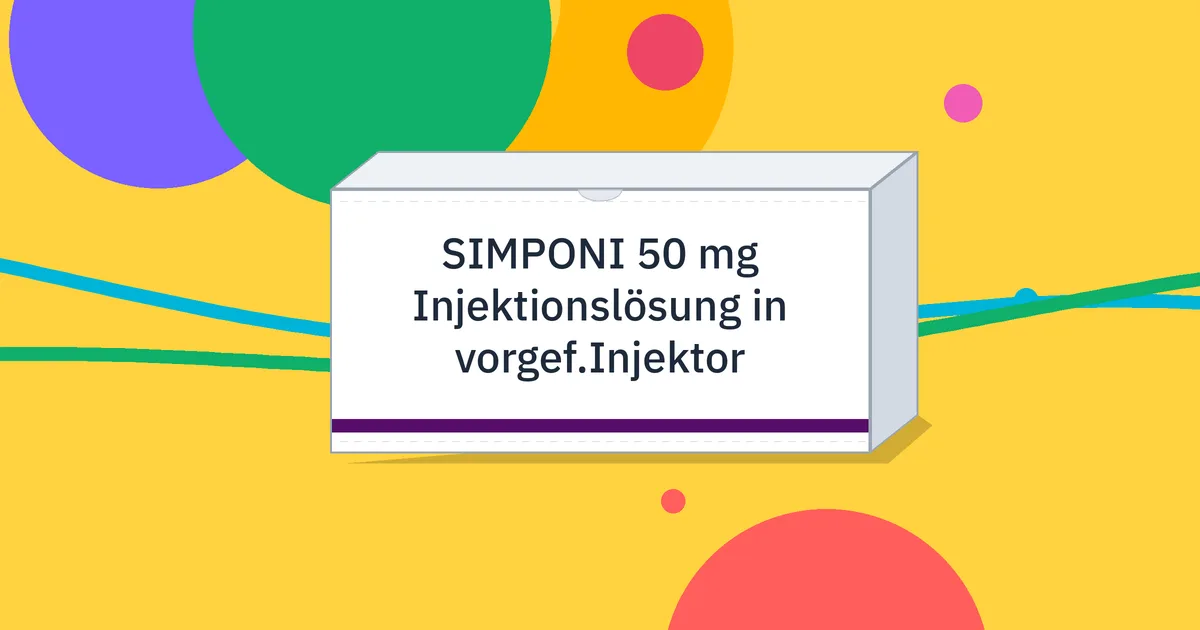 Symbolbild: Packung mit der Aufschrift SIMPONI 50 mg Injektionslösung in vorgef.Injektor (PZN 15416108) – Verfügbarkeit und Bezug in Apotheken in Frankfurt am Main