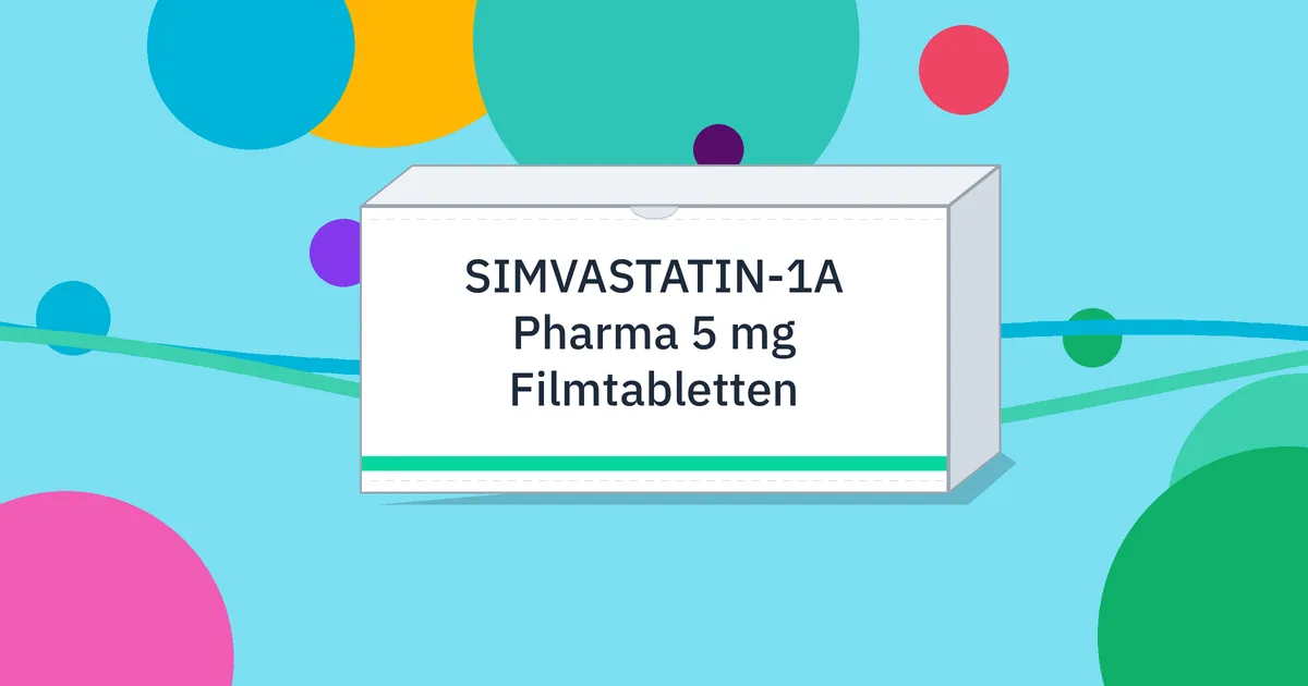 Symbolbild: Packung mit der Aufschrift SIMVASTATIN-1A Pharma 5 mg Filmtabletten (PZN 01332945) – Verfügbarkeit und Bezug in Apotheken in Frankfurt am Main