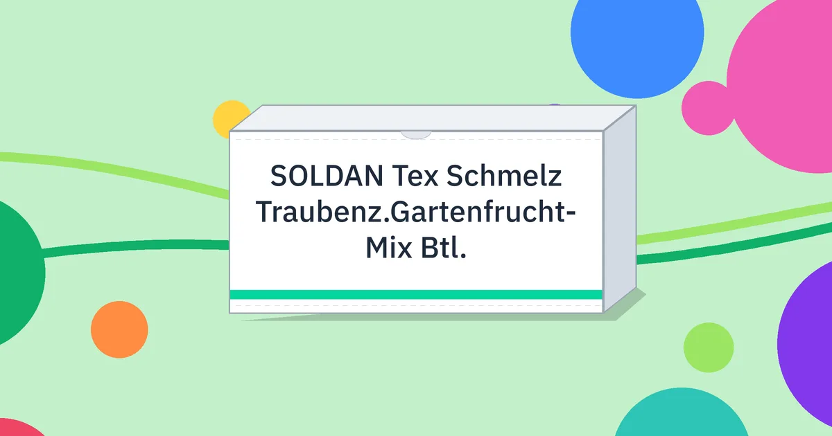 Symbolbild: Packung mit der Aufschrift SOLDAN Tex Schmelz Traubenz.Gartenfrucht-Mix Btl. (PZN 14320659) – Verfügbarkeit und Bezug in Apotheken in Frankfurt am Main