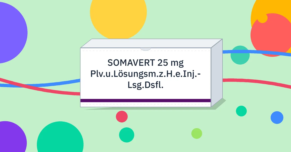 Symbolbild: Packung mit der Aufschrift SOMAVERT 25 mg Plv.u.Lösungsm.z.H.e.Inj.-Lsg.Dsfl. (PZN 16261122) – Verfügbarkeit und Bezug in Apotheken in Frankfurt am Main