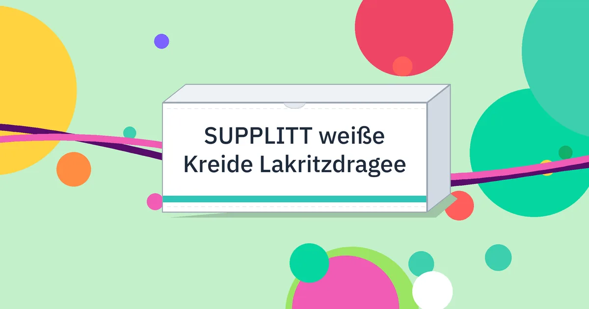 Symbolbild: Packung mit der Aufschrift SUPPLITT weiße Kreide Lakritzdragee (PZN 19366442) – Verfügbarkeit und Bezug in Apotheken in Frankfurt am Main