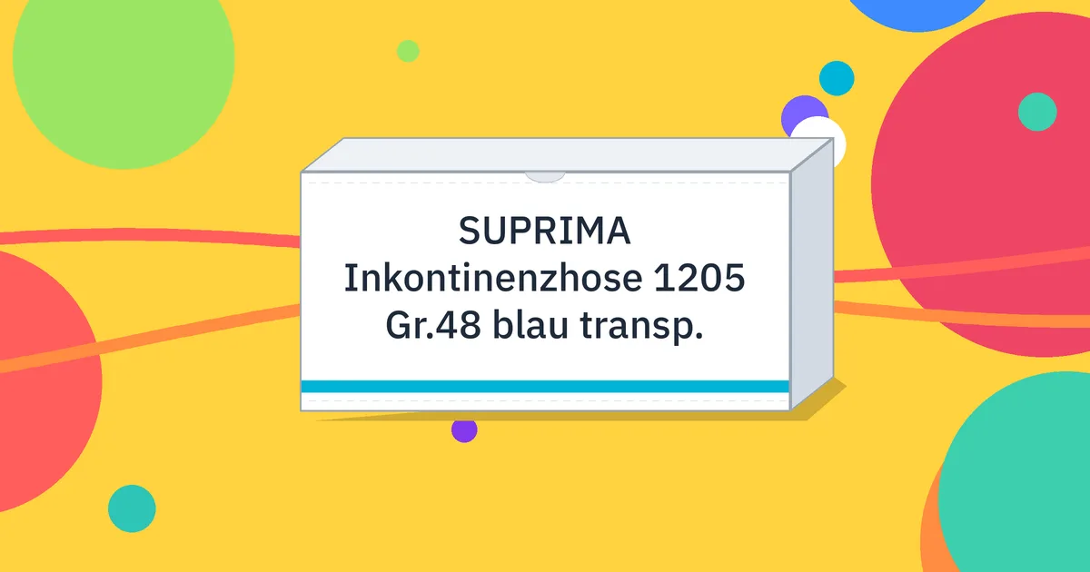 Symbolbild: Packung mit der Aufschrift SUPRIMA Inkontinenzhose 1205 Gr.48 blau transp. (PZN 01365672) – Verfügbarkeit und Bezug in Apotheken in Frankfurt am Main