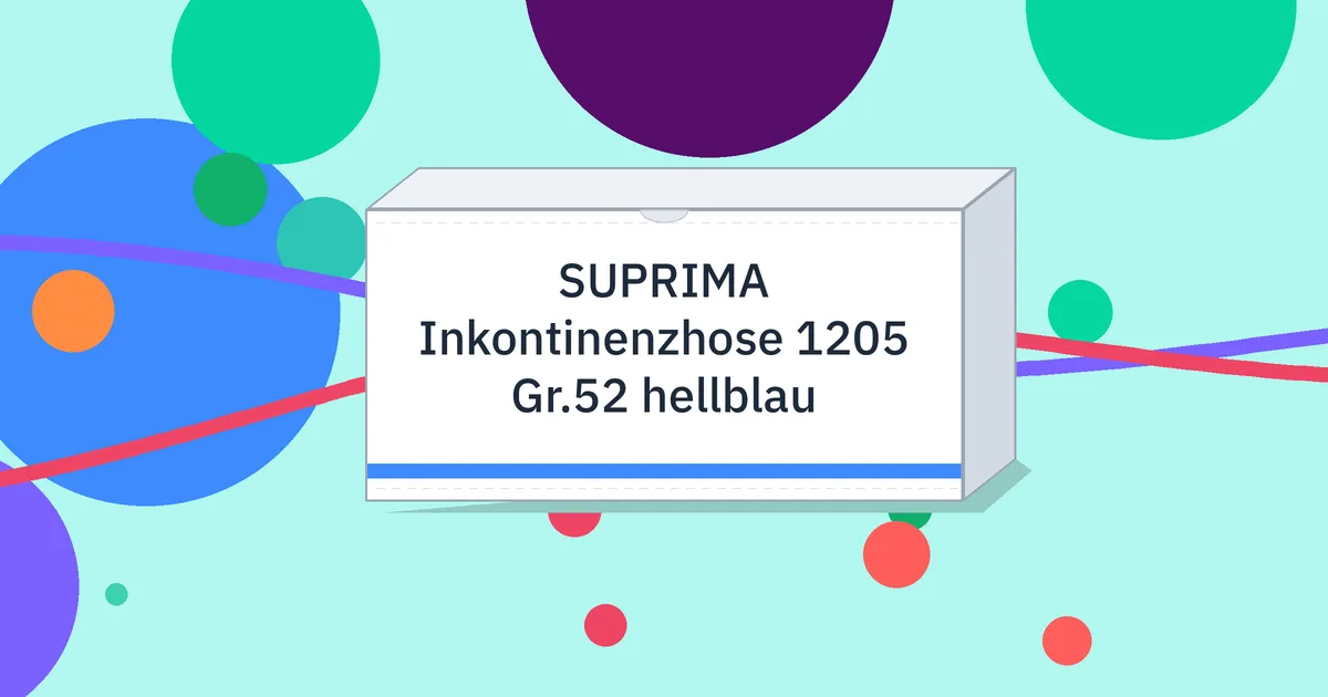 Symbolbild: Packung mit der Aufschrift SUPRIMA Inkontinenzhose 1205 Gr.52 hellblau (PZN 03020629) – Verfügbarkeit und Bezug in Apotheken in Frankfurt am Main