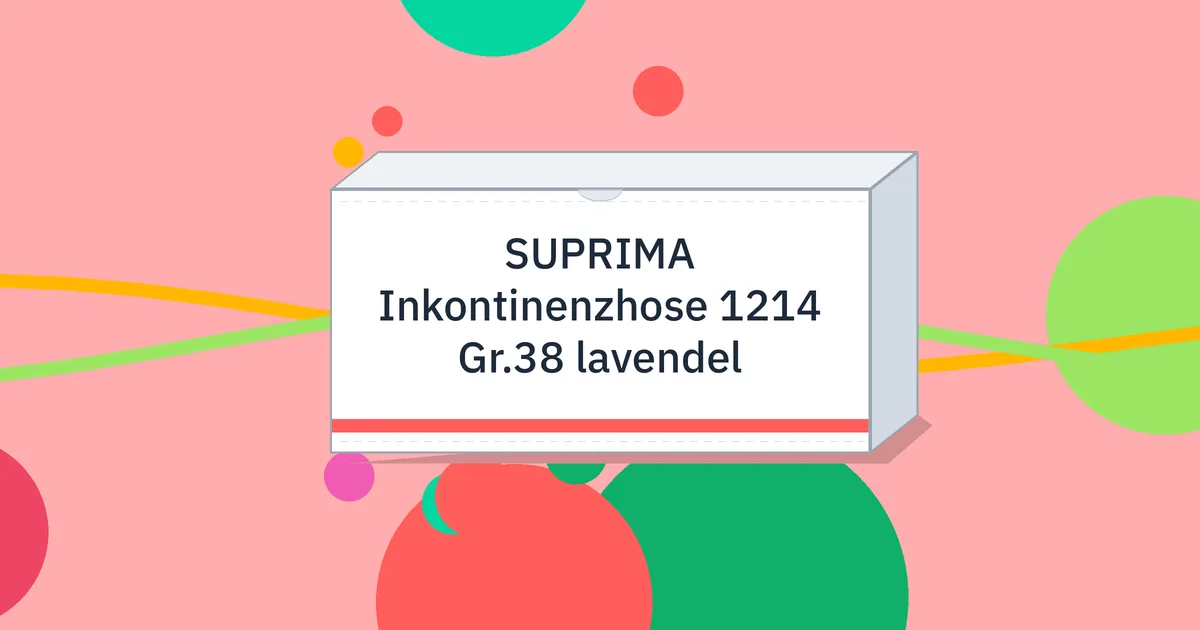 Symbolbild: Packung mit der Aufschrift SUPRIMA Inkontinenzhose 1214 Gr.38 lavendel (PZN 02852279) – Verfügbarkeit und Bezug in Apotheken in Frankfurt am Main