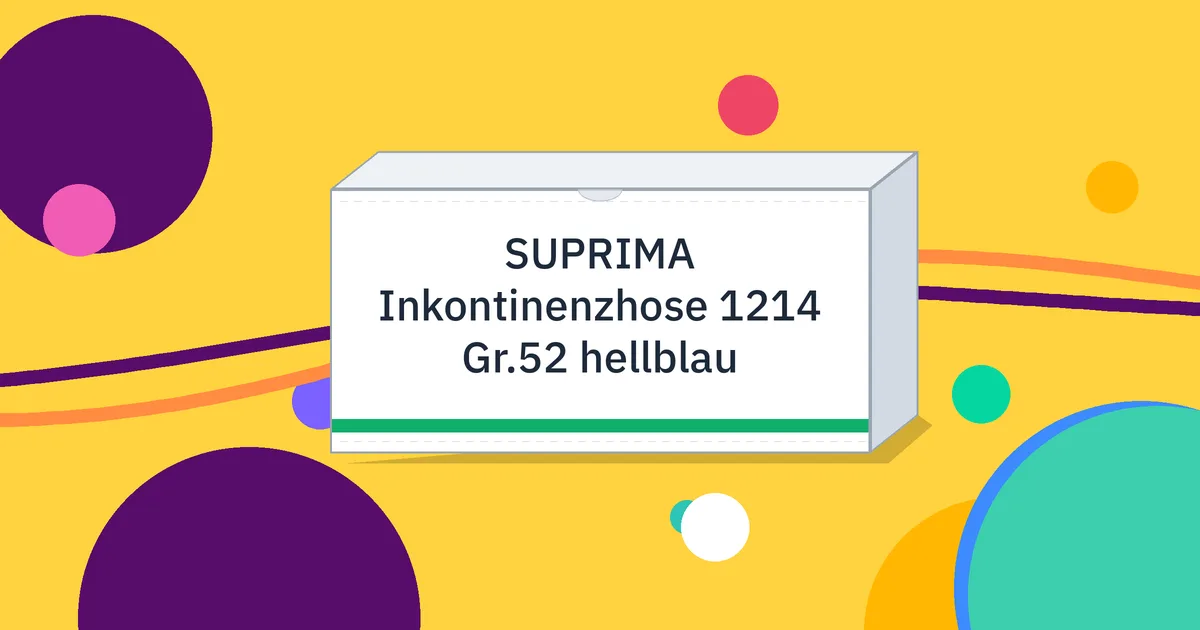 Symbolbild: Packung mit der Aufschrift SUPRIMA Inkontinenzhose 1214 Gr.52 hellblau (PZN 03027519) – Verfügbarkeit und Bezug in Apotheken in Frankfurt am Main