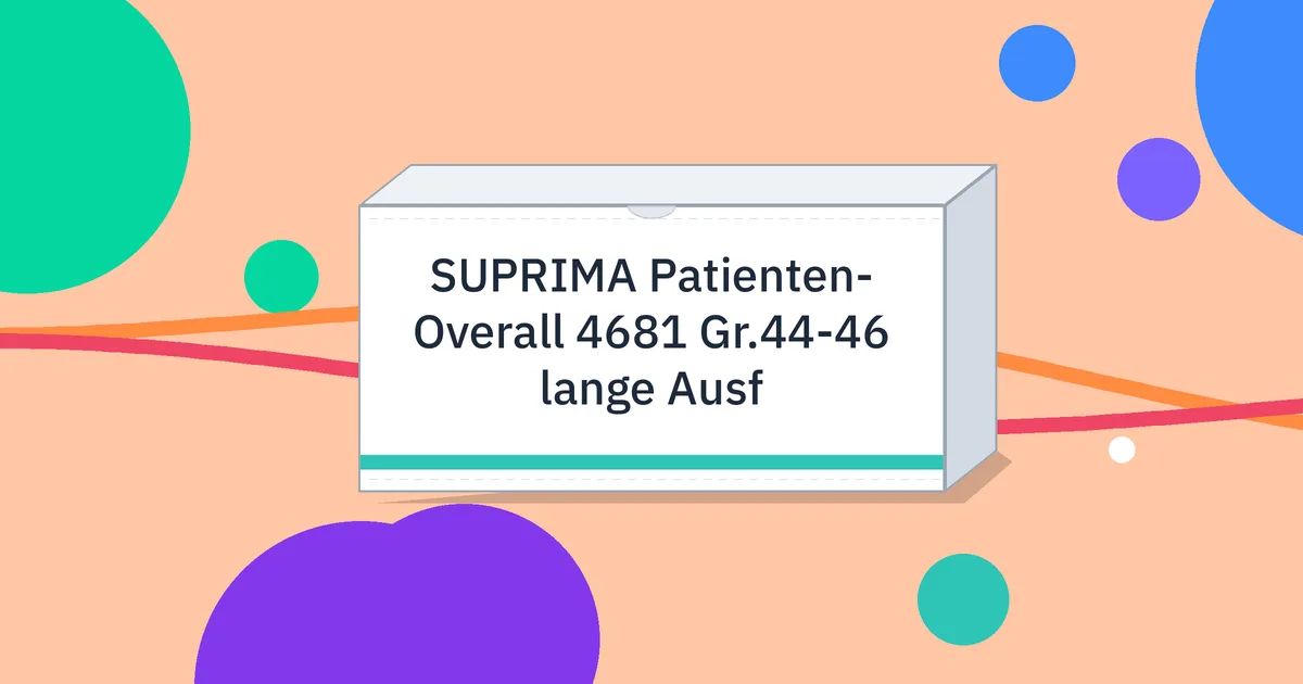 Symbolbild: Packung mit der Aufschrift SUPRIMA Patienten-Overall 4681 Gr.44-46 lange Ausf (PZN 01368593) – Verfügbarkeit und Bezug in Apotheken in Frankfurt am Main