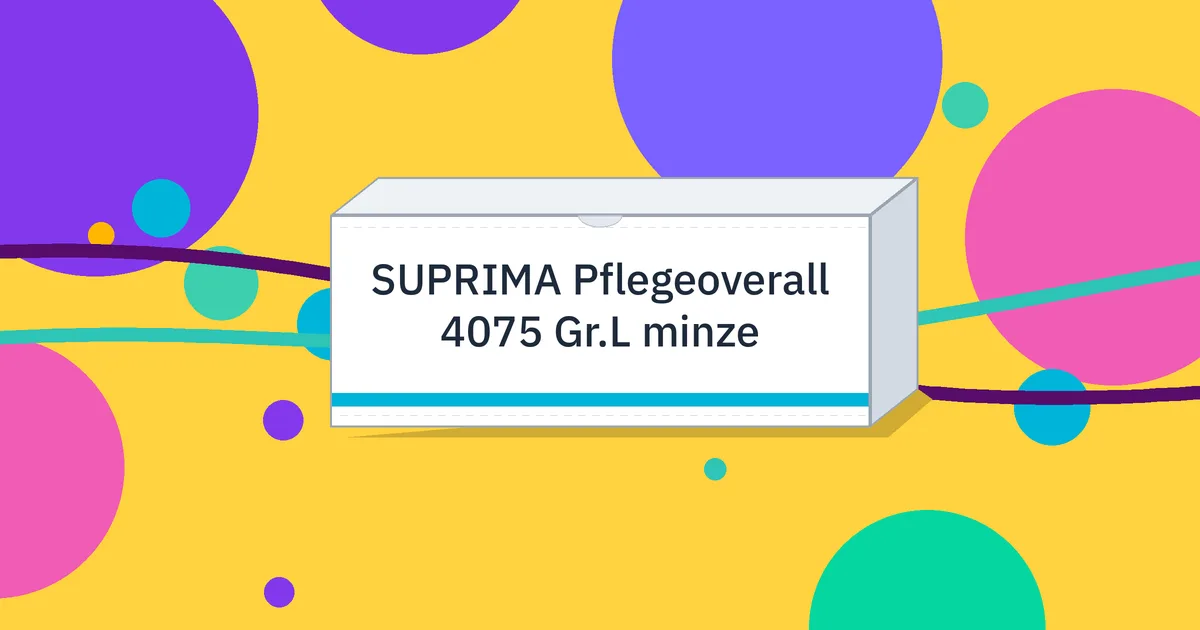 Symbolbild: Packung mit der Aufschrift SUPRIMA Pflegeoverall 4075 Gr.L minze (PZN 00068222) – Verfügbarkeit und Bezug in Apotheken in Frankfurt am Main