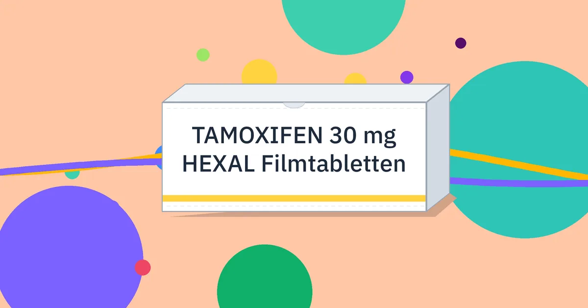 Symbolbild: Packung mit der Aufschrift TAMOXIFEN 30 mg HEXAL Filmtabletten (PZN 03722194) – Verfügbarkeit und Bezug in Apotheken in Frankfurt am Main