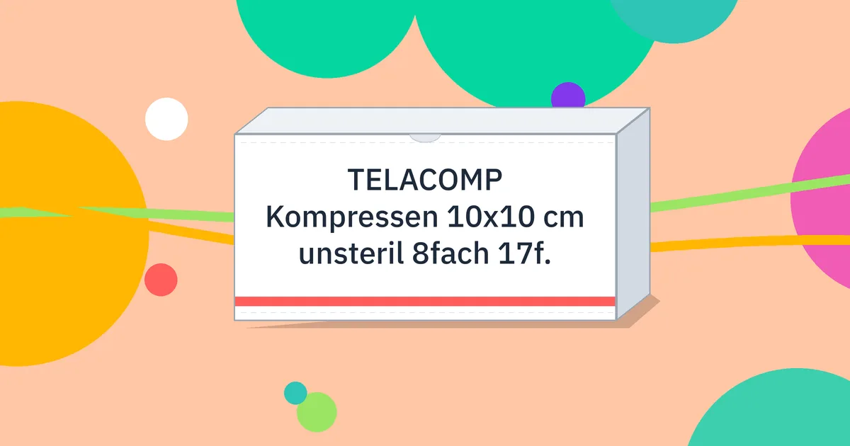 Symbolbild: Packung mit der Aufschrift TELACOMP Kompressen 10x10 cm unsteril 8fach 17f. (PZN 20843278) – Verfügbarkeit und Bezug in Apotheken in Frankfurt am Main